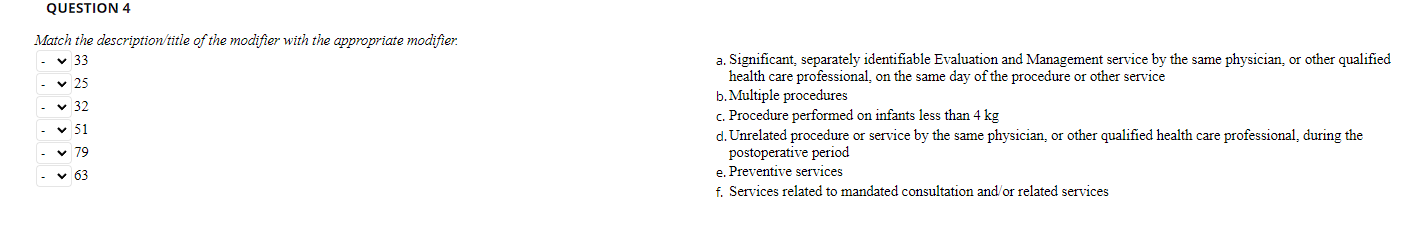 Solved Match the description/title of the modifier with the | Chegg.com