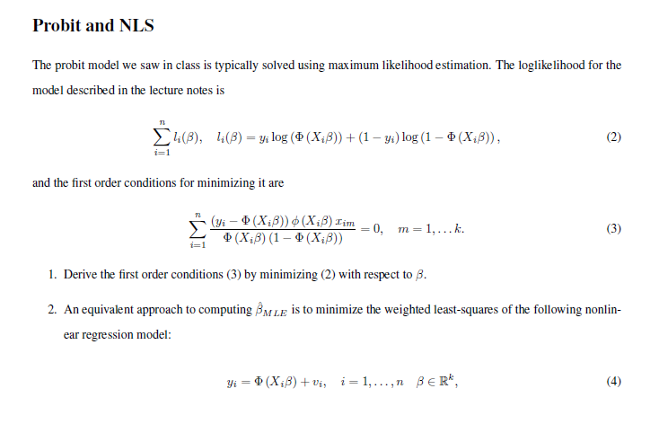 Probit and NLS The probit model we saw in class is | Chegg.com