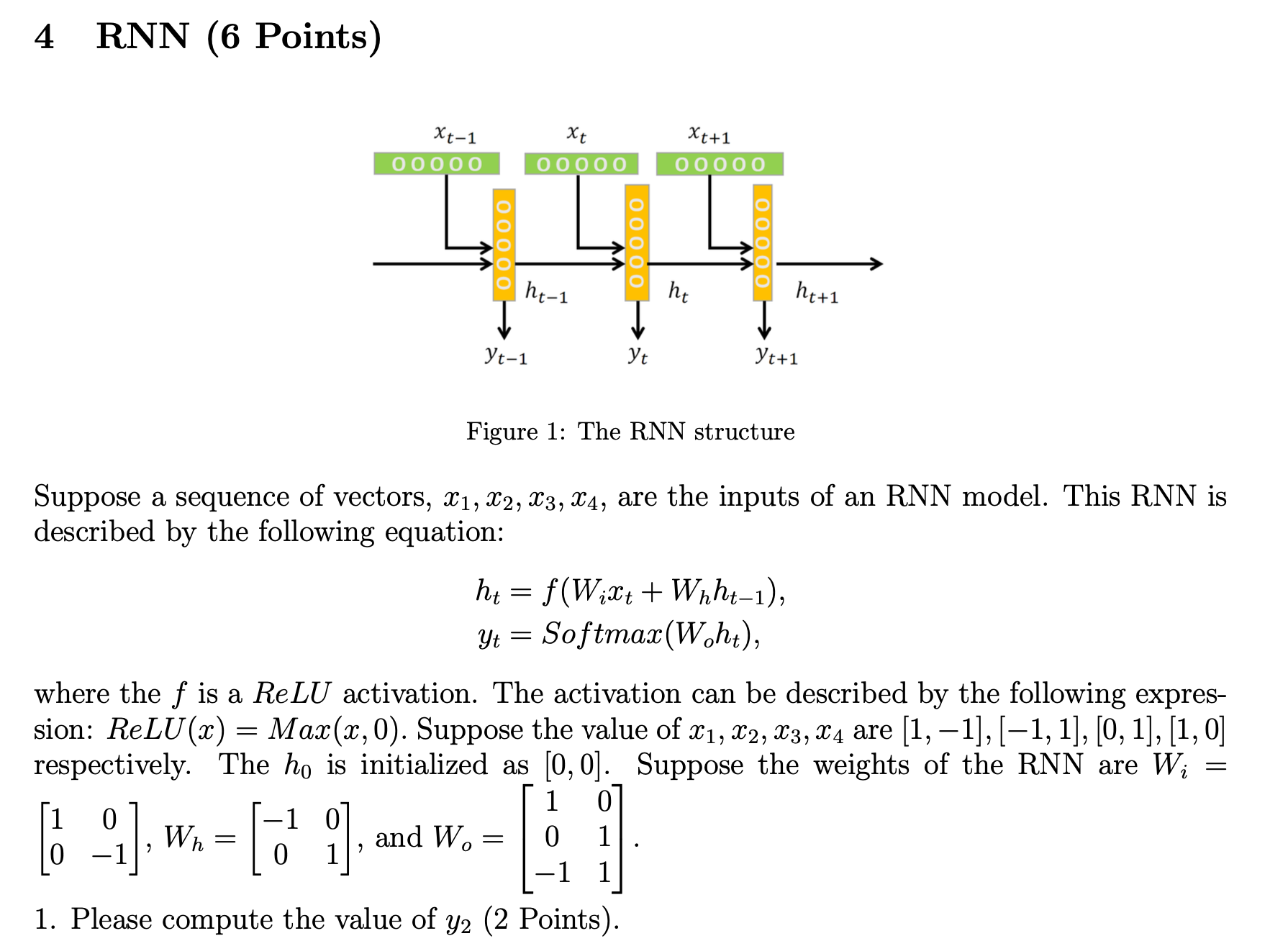 Solved 4 RNN (6 Points) Figure 1: The RNN structure Suppose | Chegg.com