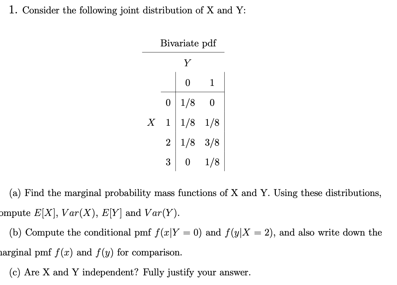 Solved 1. Consider the following joint distribution of X and | Chegg.com
