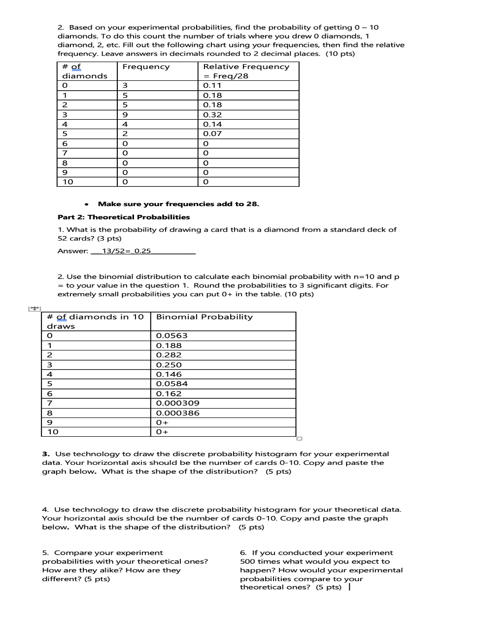 Solved 2. Based on your experimental probabilities, find the | Chegg.com