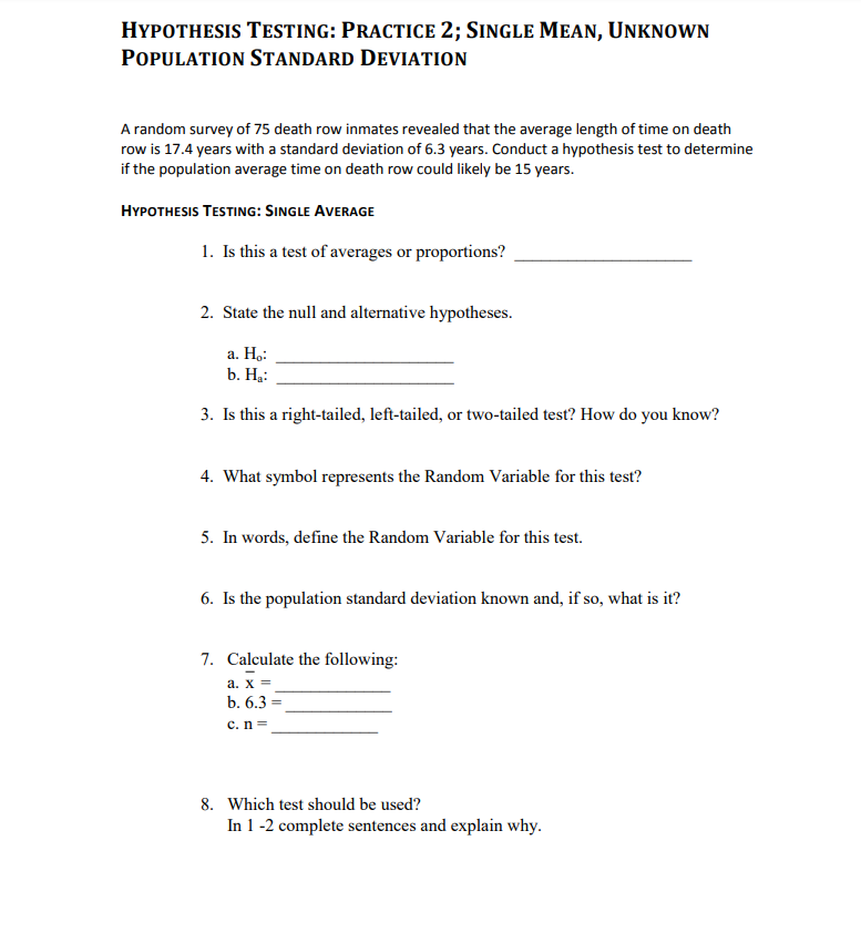 Solved Hypothesis Testing: Practice 2; Single MeAn, UnKNown | Chegg.com