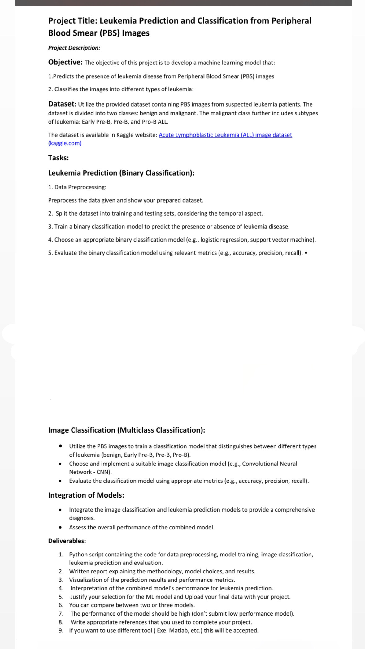 Solved Project Title: Leukemia Prediction and Classification | Chegg.com