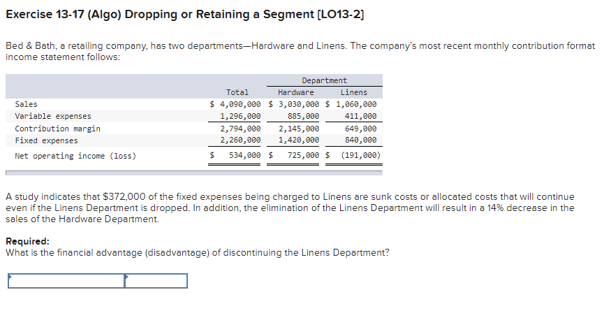 Solved Exercise 13-17 (Algo) Dropping or Retaining a Segment | Chegg.com
