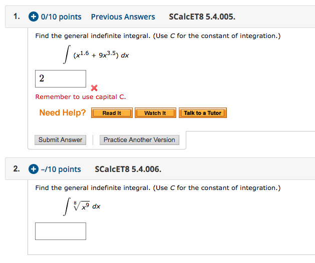Solved 1. + 0/10 points Previous Answers ScalcET8 5.4.005. | Chegg.com