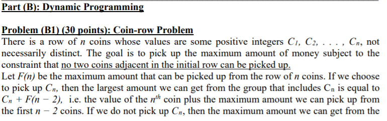 Solved Part (B: Dynamic Programming Problem (B1) (30 | Chegg.com