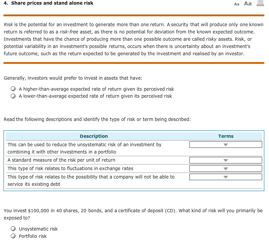 Solved 4. Share prices and stand alone risk Aa Aa Risk is | Chegg.com