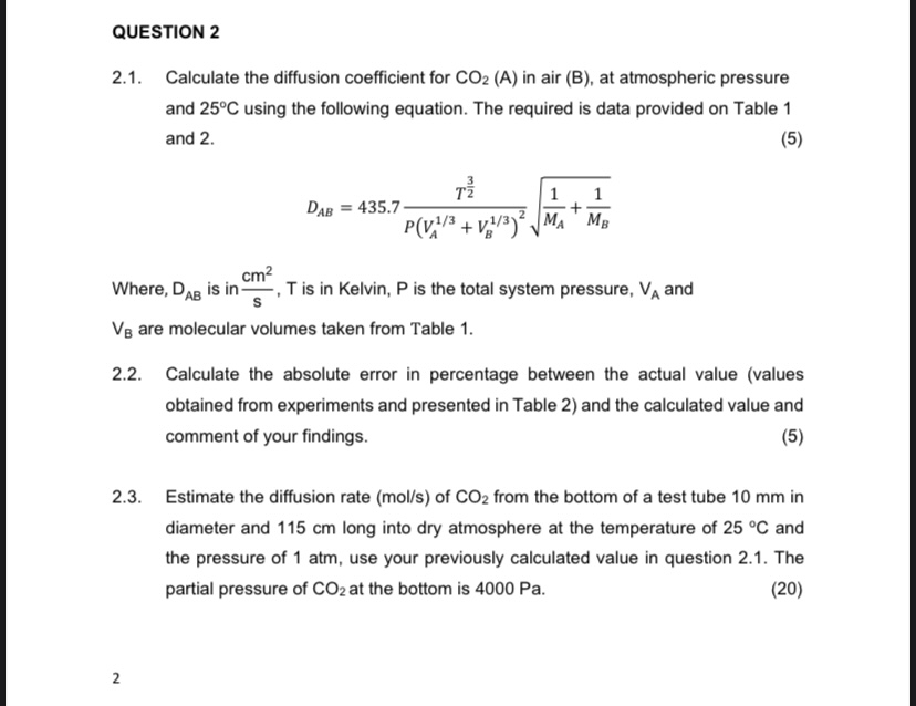 Solved 2.1. Calculate the diffusion coefficient for CO2( A) | Chegg.com