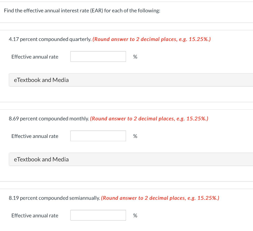 Solved Find the effective annual interest rate (EAR) for | Chegg.com