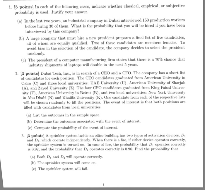 Solved 1. [3 points In each of the following cases, indicate | Chegg.com