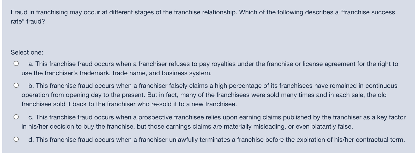 Solved Fraud in franchising may occur at different stages of | Chegg.com