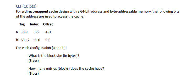 Solved Q3 (10 pts) For a direct-mapped cache design with a | Chegg.com