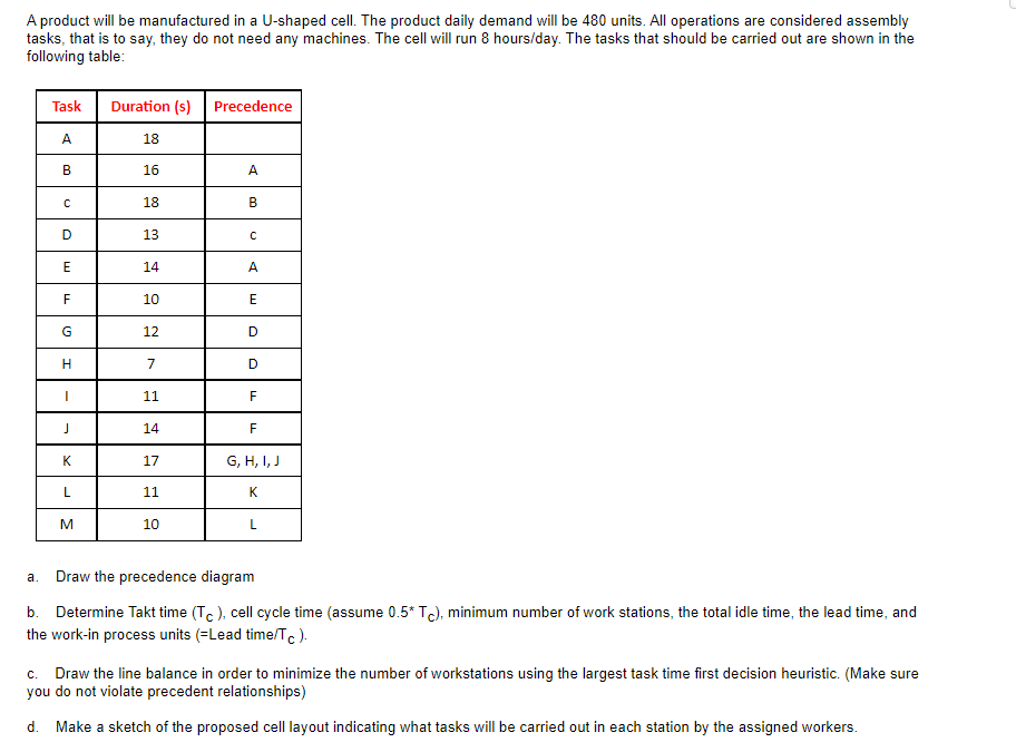 Solved A product will be manufactured in a U-shaped cell. | Chegg.com