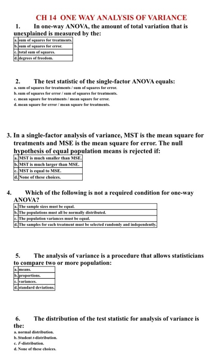 Solved CH 14 ONE WAY ANALYSIS OF VARIANCE In one-way ANOVA, | Chegg.com