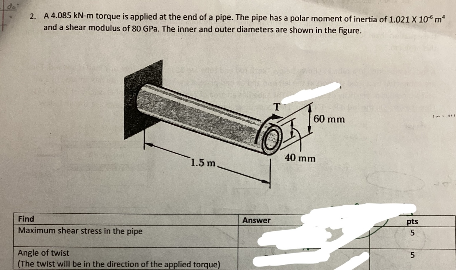 Solved A 4.085kN-m ﻿torque is applied at the end of a pipe. | Chegg.com