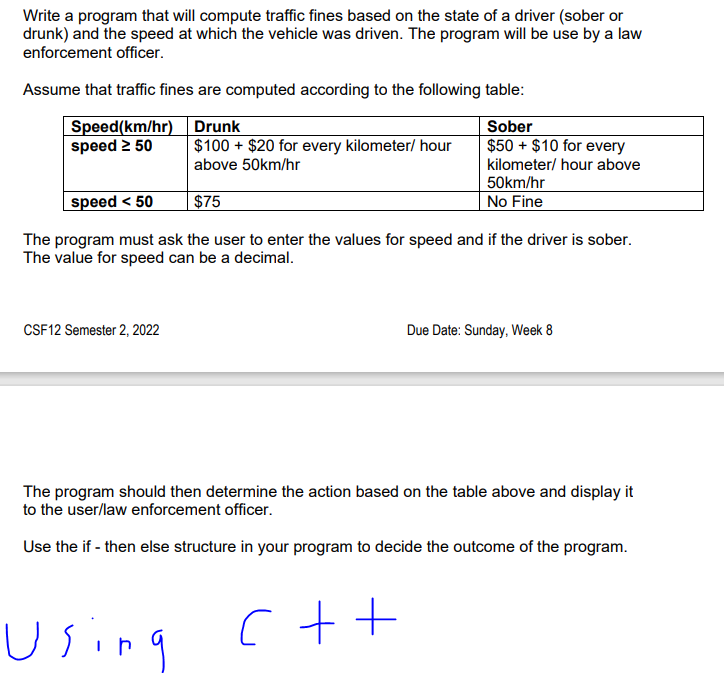 Solved Write a program that will compute traffic fines based | Chegg.com