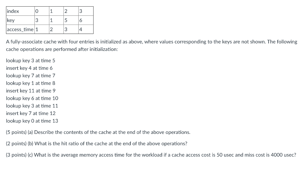Solved index 0 1 2 3 1 5 6 key 3 access_time 1 2 3 4 A | Chegg.com