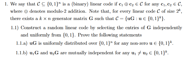 1. We say that C = {0,1}" is a (binary) linear code | Chegg.com