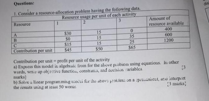 Solved Questions: 1. Consider a resource-allocation problem | Chegg.com