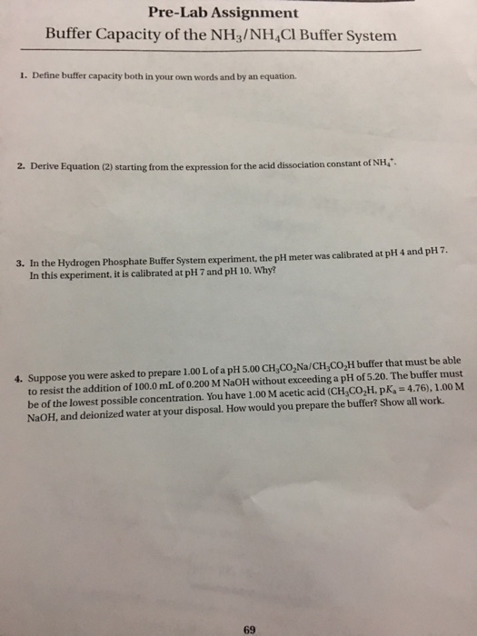 Solved Pre-Lab Assignment Buffer Capacity of the NH3/NH,CI | Chegg.com