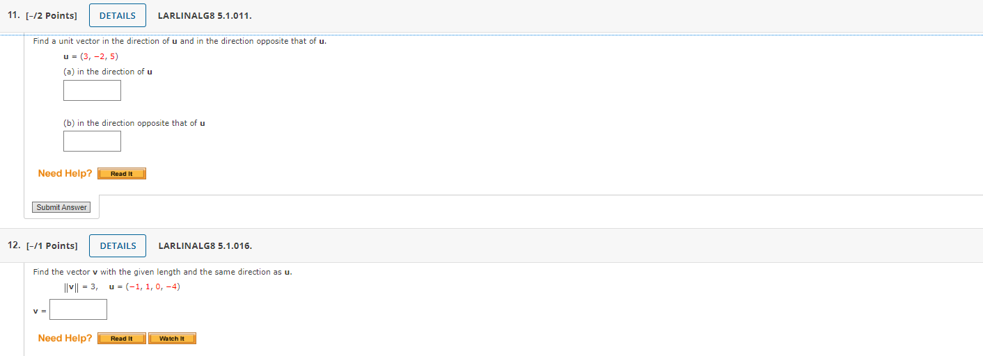 Solved -/2 Points] LARLINALG8 5.1.011. Find a unit vector in | Chegg.com