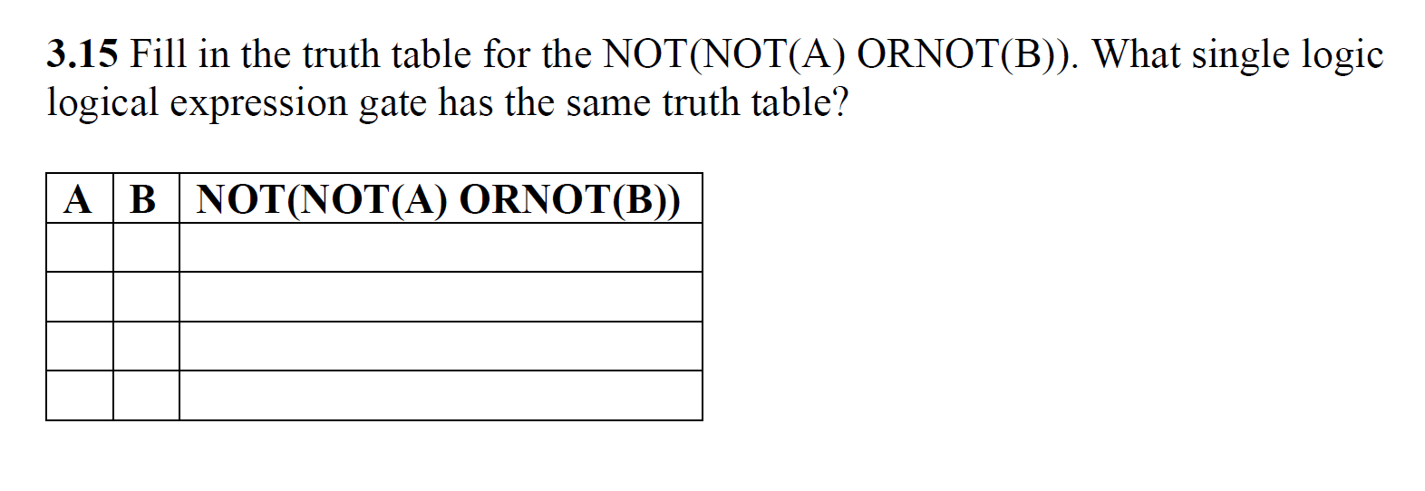 Solved 3.15 Fill in the truth table for the NOT(NOT(A) | Chegg.com