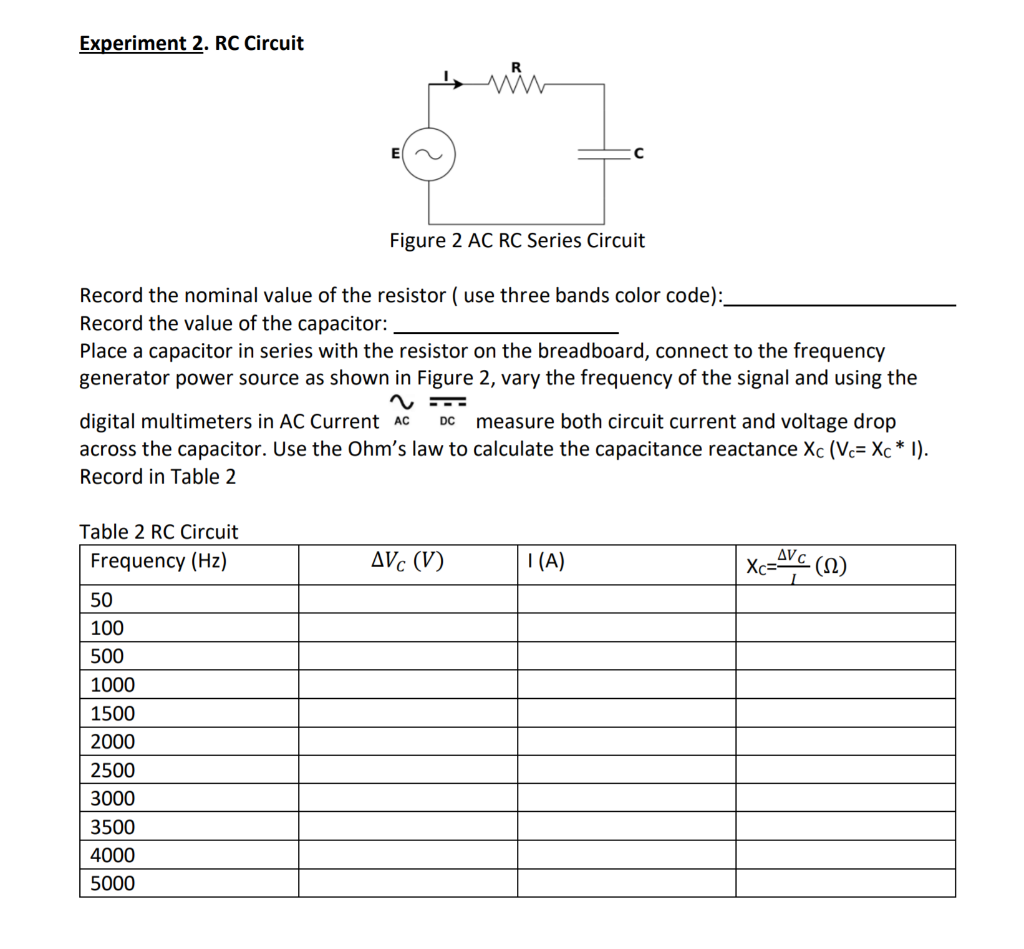 Solved Experiment 2. RC Circuit w E Figure 2 AC RC Series | Chegg.com