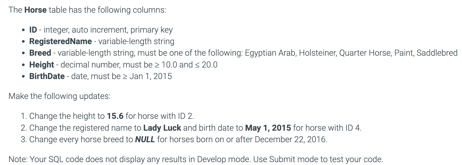 Solved The Horse table has the following columns: - ID - | Chegg.com