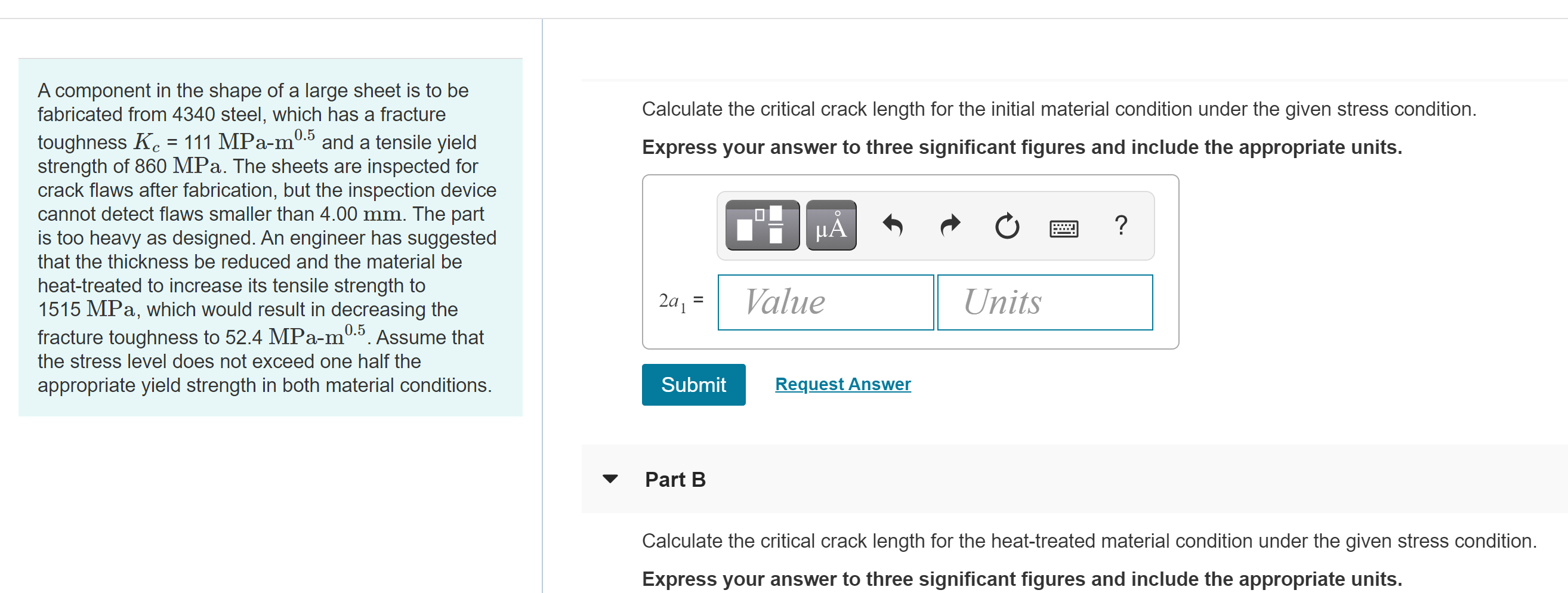 Solved Calculate the critical crack length for the initial | Chegg.com