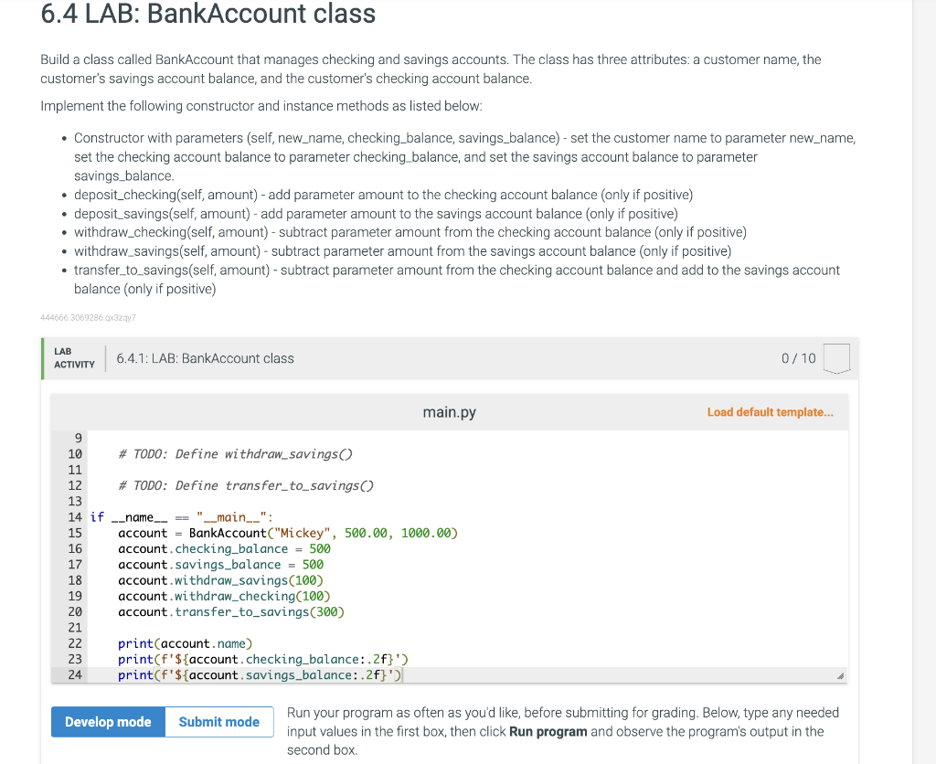 Solved 6.4 LAB: BankAccount class Build a class called | Chegg.com