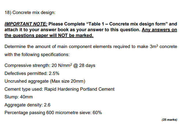 18) Concrete mix design: IMPORTANT NOTE: Please | Chegg.com