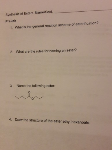 Solved Synthesis of Esters Name/Sect Pre-lab 1. What is the | Chegg.com