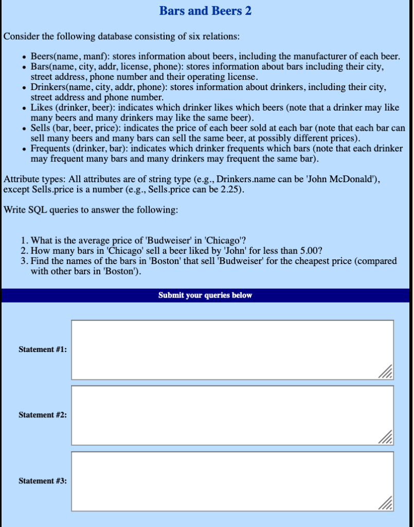 Solved Bars and Beers 2 Consider the following database | Chegg.com