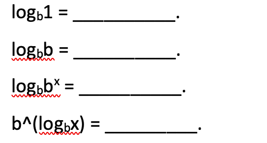 Solved logb1 = logab = logbebx = b^(logbx) = | Chegg.com