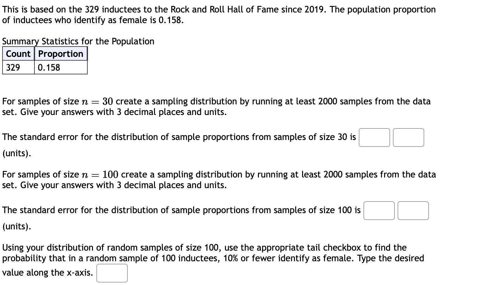 Solved This is based on the 329 inductees to the Rock and | Chegg.com