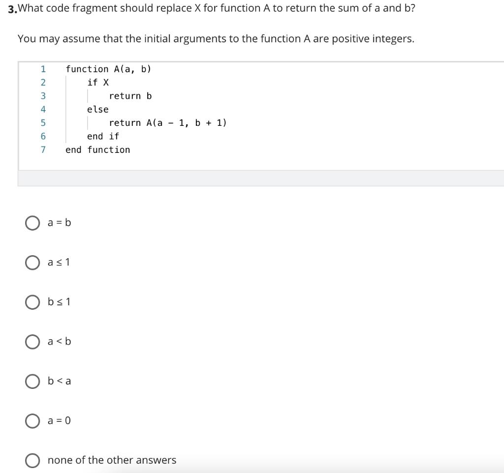 Solved 3.What code fragment should replace X for function A | Chegg.com
