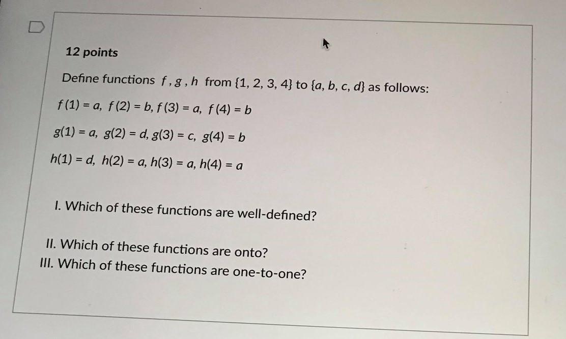 Solved D 12 points Define functions f.8, h from {1, 2, 3, 4} | Chegg.com