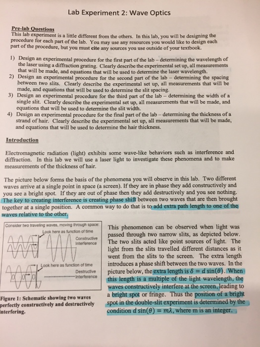 Solved Lab Experiment 2: Wave Optics Pre-lab Questions This | Chegg.com