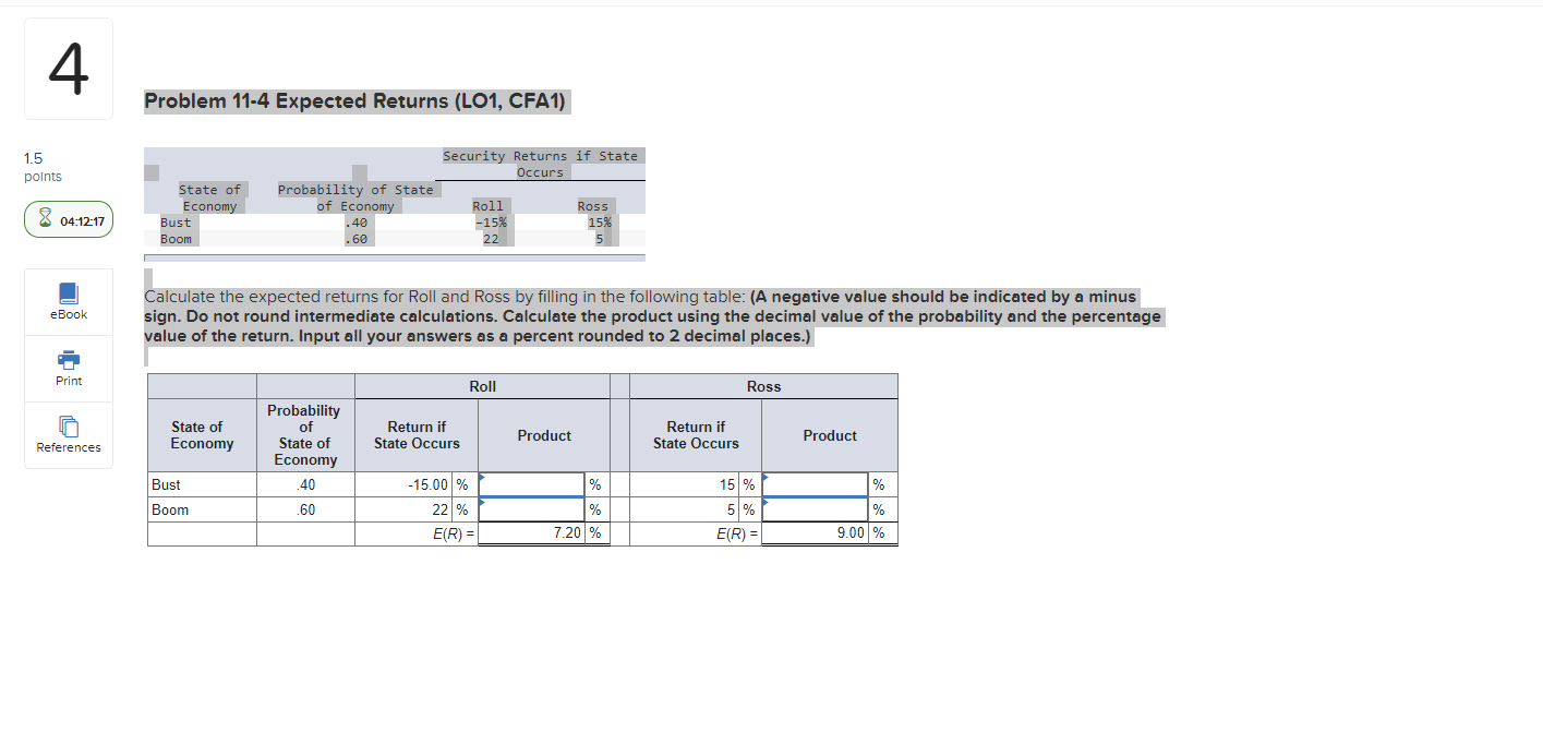 Solved 4 Problem 11-4 Expected Returns (LO1, CFA1) 1.5 | Chegg.com