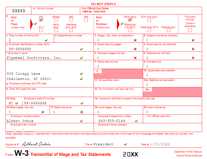 Complete the W-3 Form for Flywheel Outfitters, Inc. | Chegg.com