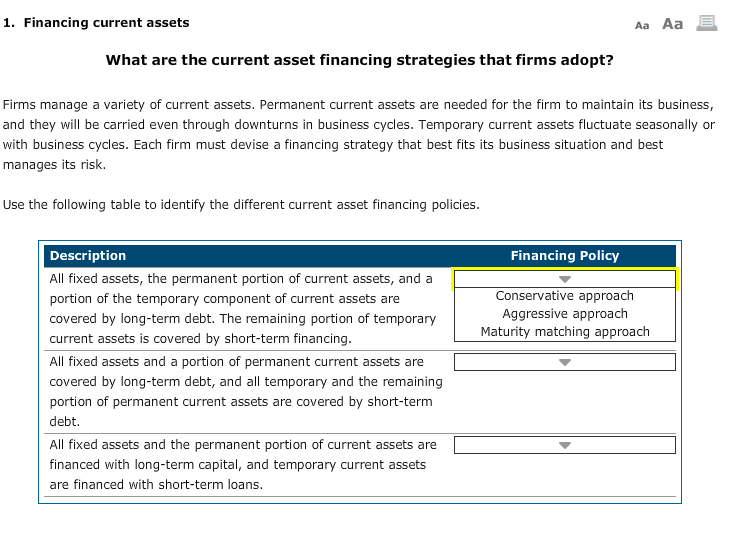 Solved 1. Financing current assets Aa Aa E What are the | Chegg.com