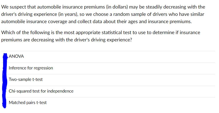 Solved We suspect that automobile insurance premiums (in | Chegg.com