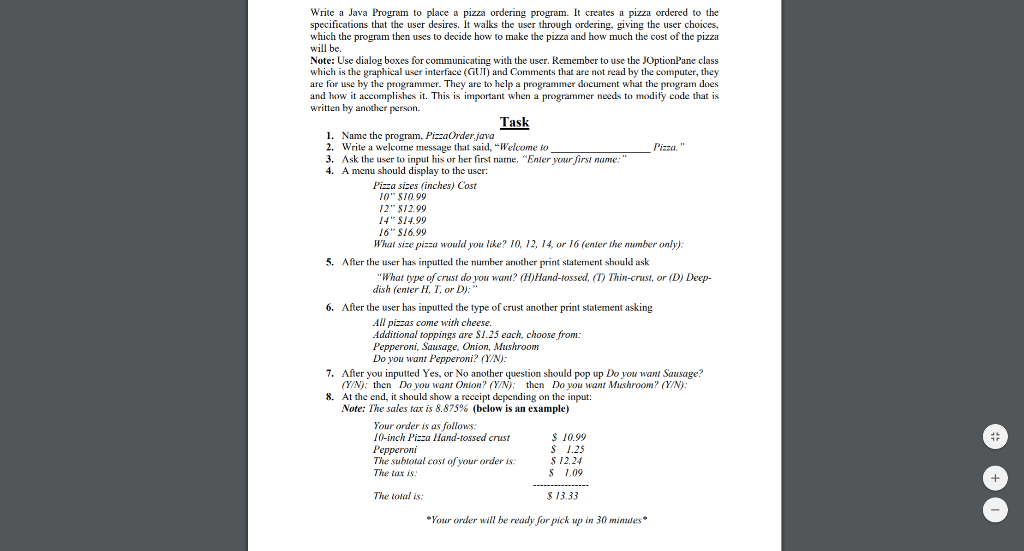 Write a Java Program to place a pizza ordering | Chegg.com
