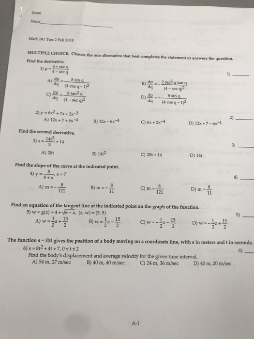 Solved Math 241 Test 2 Fall 2018 MULTIPLE CHOICE Choose the | Chegg.com