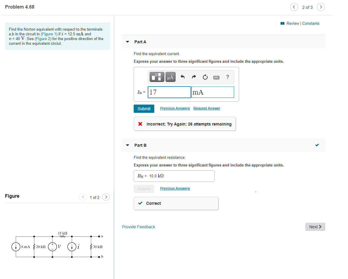 Solved Problem 4.68 2 of 3 Review Constants Find the Norton | Chegg.com