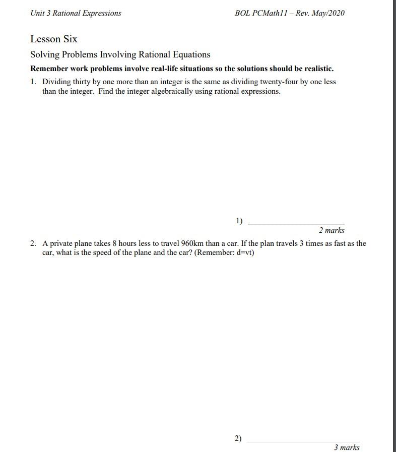 Solved Unit 3 Rational Expressions BOL PCMathil - Rev. | Chegg.com