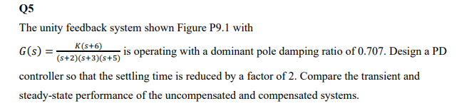 Q5 The unity feedback system shown Figure P9.1 with | Chegg.com