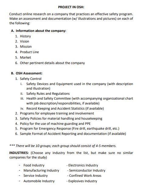 Solved PROJECT IN OSH: Conduct online research on a company | Chegg.com