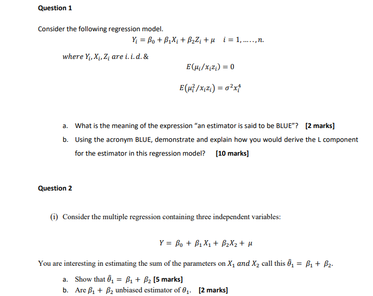 Consider the following regression model. | Chegg.com