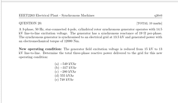 Solved EEET2263 Electrical Plant - Synchronous Machines q170 | Chegg.com